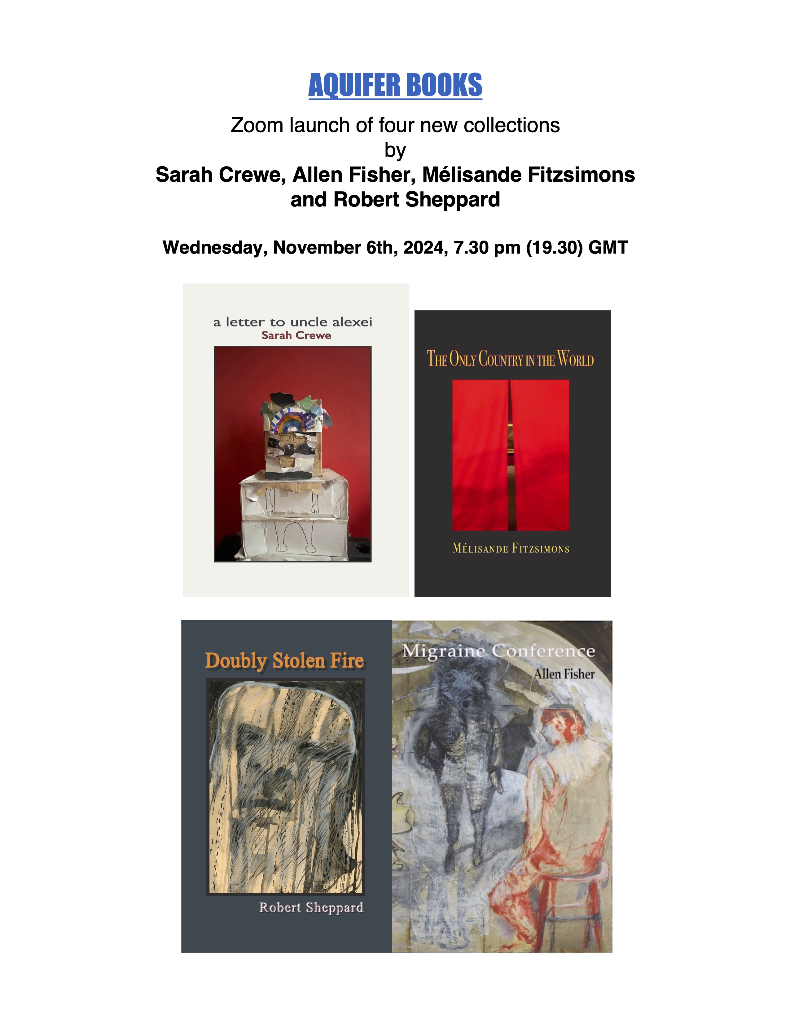 Zoom Launch: Sarah Crewe, Allen Fisher, Mélisande Fitzsimons, Robert ...